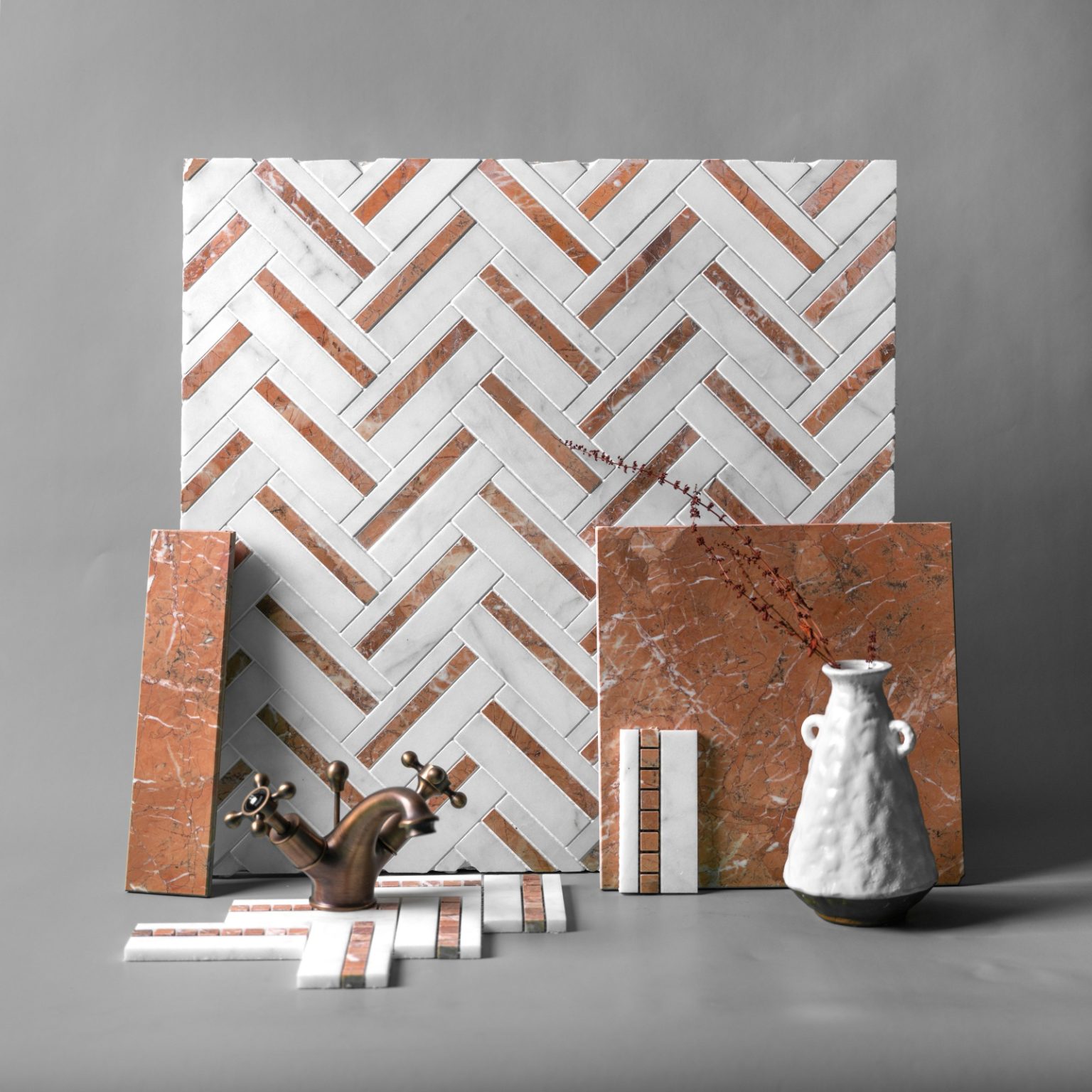 Calacatta and Rosso Marble Duo Herringbone Mosaic - Starel Stones